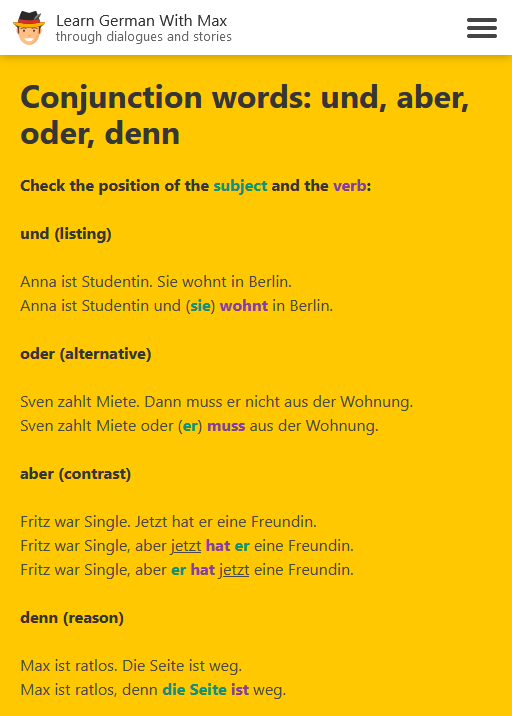 Conjunction words: und, aber, oder, denn / Learn German with Max