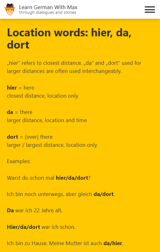 Location words: hier, da, dort / GermanWithMax