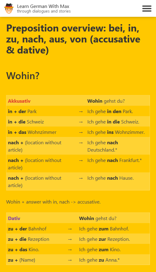 Preposition overview: bei, in, zu, nach, aus, von (accusative & dative ...