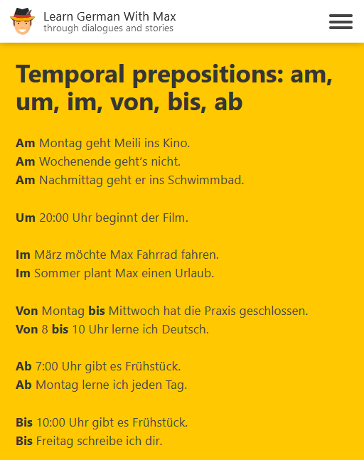 Temporal prepositions: am, um, im, von, bis, ab / Learn German with Max